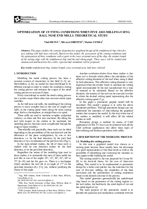 Pdf Optimization Of Cutting Conditions When Five Axis Milling Using Ball Nose End Mills