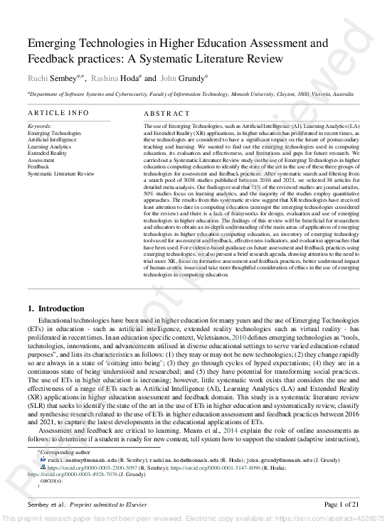 (PDF) Emerging Technologies in Higher Education Assessment and Feedback practices: A Systematic ...