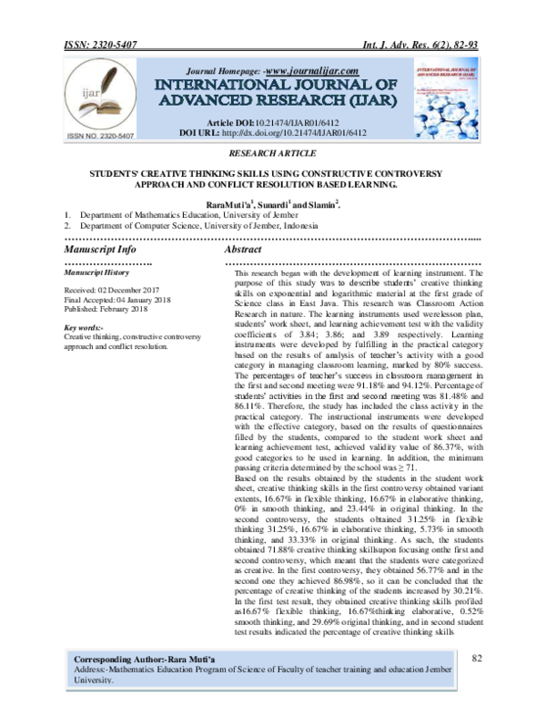 (PDF) Students’ Creative Thinking Skills Using Constructive Controversy Approach and Conflict ...