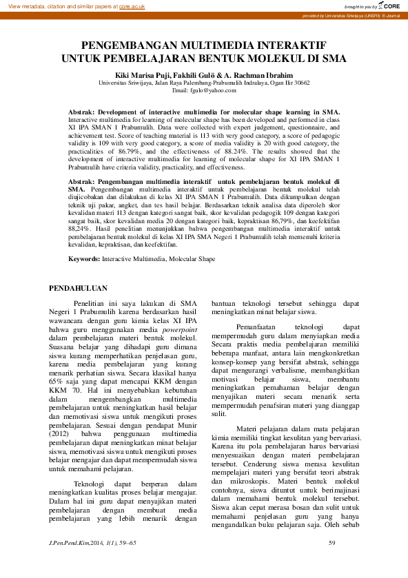 (PDF) Pengembangan Multimedia Interaktif Untuk Pembelajaran Bentuk Molekul DI Sma