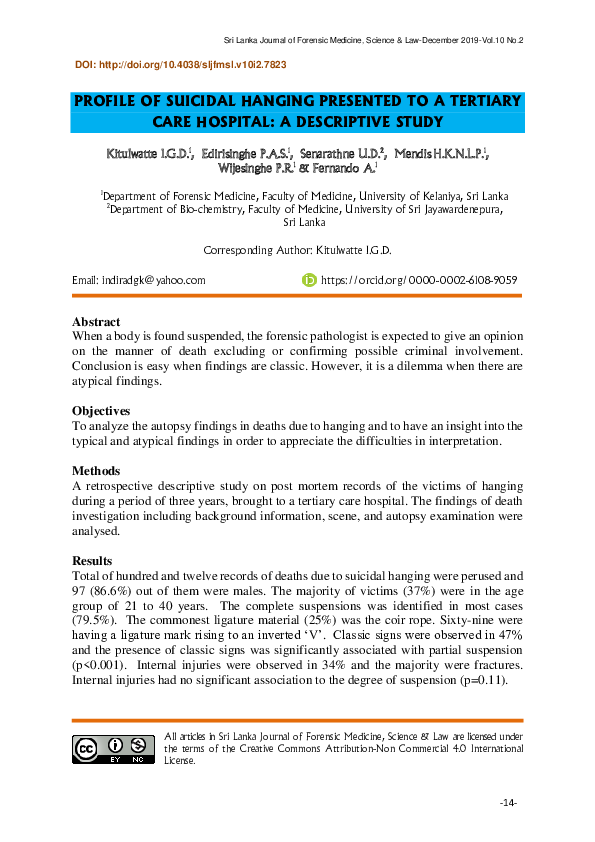 (PDF) PROFILE OF SUICIDAL HANGING PRESENTED TO A TERTIARY CARE HOSPITAL ...