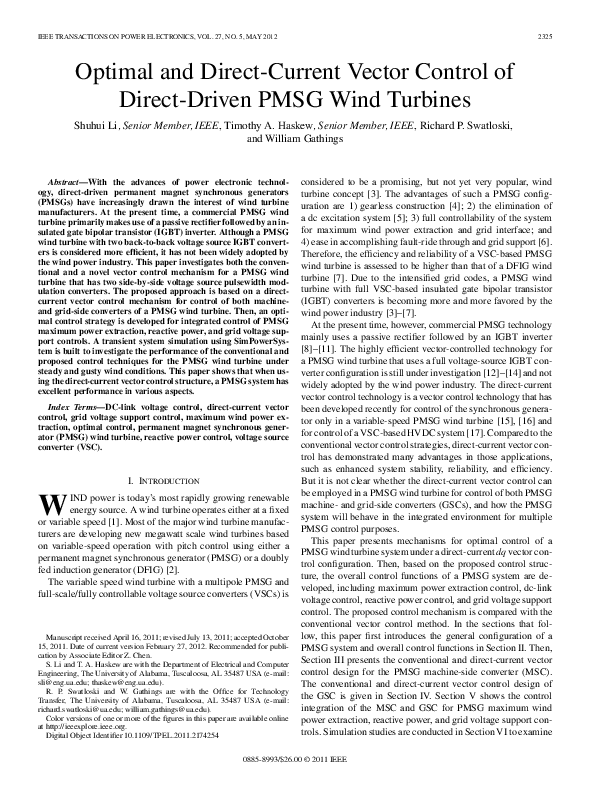 Pdf Optimal And Direct Current Vector Control Of Direct Driven Pmsg Wind Turbines