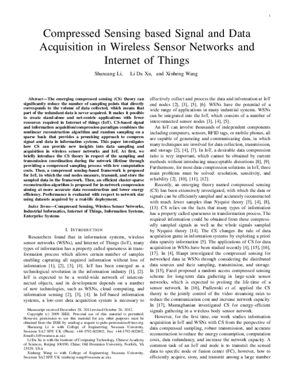 (PDF) Compressed Sensing Signal and Data Acquisition in Wireless Sensor Networks and Internet of ...