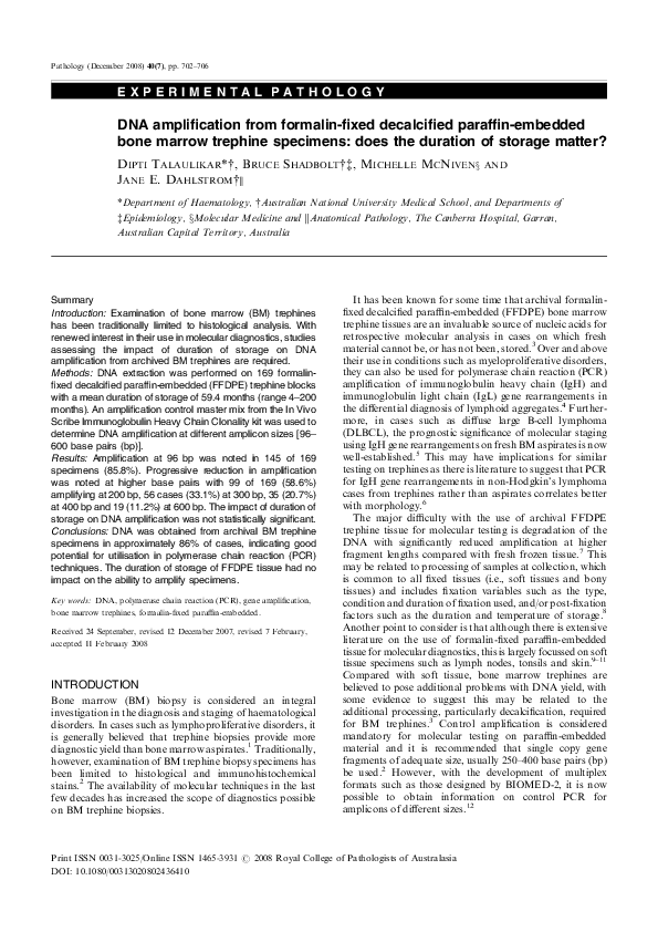 Pdf Dna Amplification From Formalin Fixed Decalcified Paraffin Embedded Bone Marrow Trephine