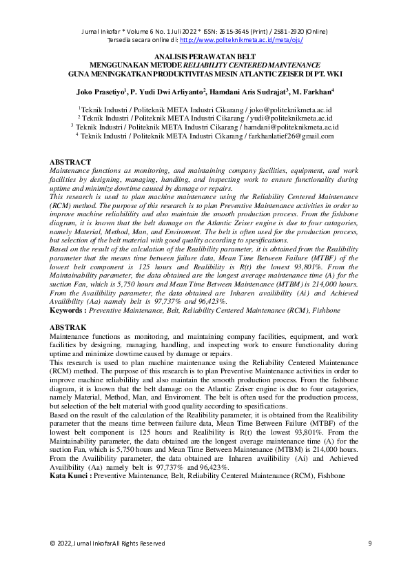 (PDF) Analisis Perawatan Belt Menggunakan Metode Reliability Centered ...