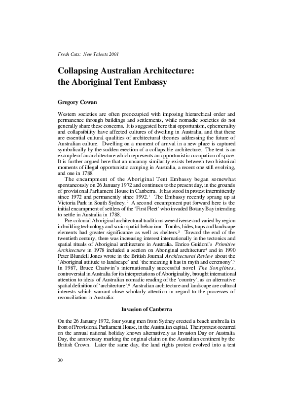 (PDF) Collapsing Australian architecture: The aboriginal tent embassy | Gregory Cowan - Academia.edu