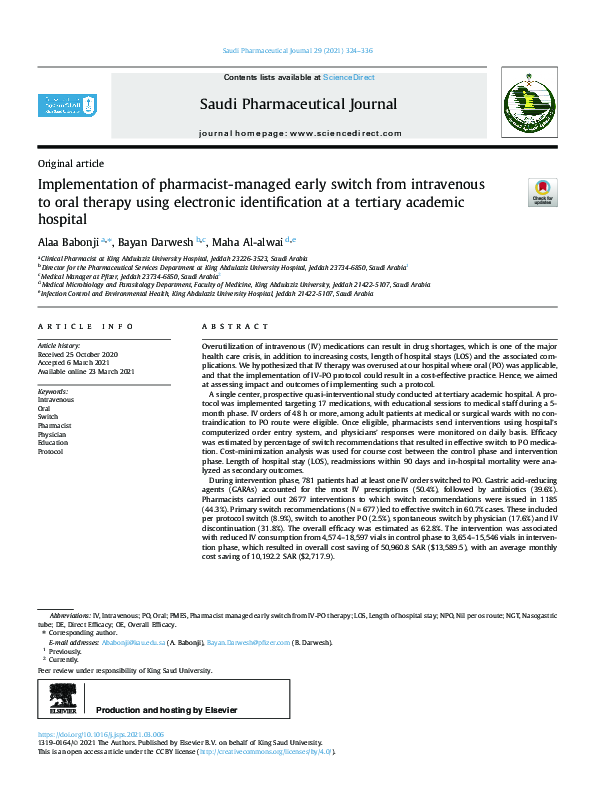 (PDF) Implementation of pharmacist-managed early switch from intravenous to oral therapy using ...