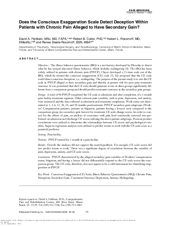(PDF) Does the Conscious Exaggeration Scale Detect Deception Within Patients with Chronic Pain ...