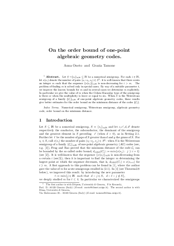 (PDF) On the order bound of one-point algebraic geometry codes