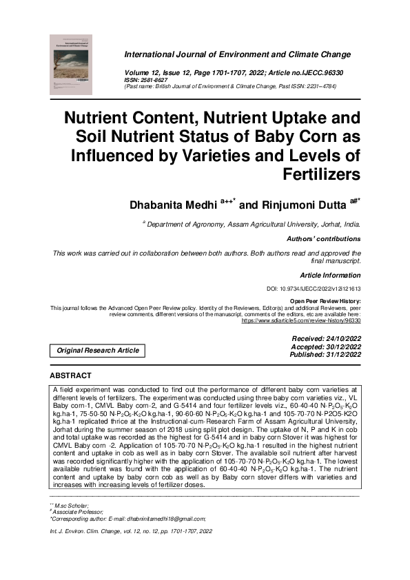 (PDF) Nutrient Content, Nutrient Uptake and Soil Nutrient Status of ...