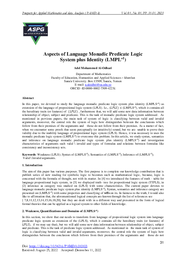 (PDF) Aspects of Language Monadic Predicate Logic System plus Identity (LMPL +I