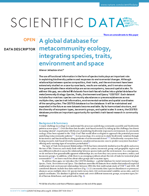 (PDF) A global database for metacommunity ecology, integrating species, traits, environment and ...