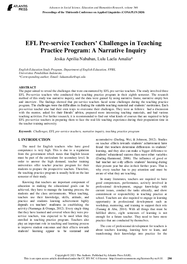 (PDF) EFL Pre-service Teachers’ Challenges in Teaching Practice Program: A Narrative Inquiry
