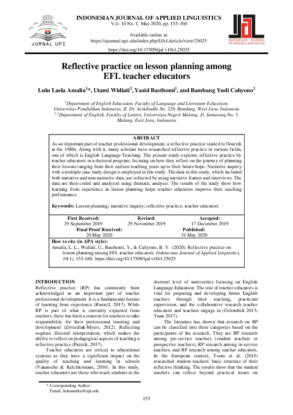 (PDF) Reflective practice on lesson planning among EFL teacher educators
