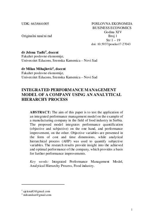 (PDF) Integrated performance management model of a company using an analytical hierarchy process