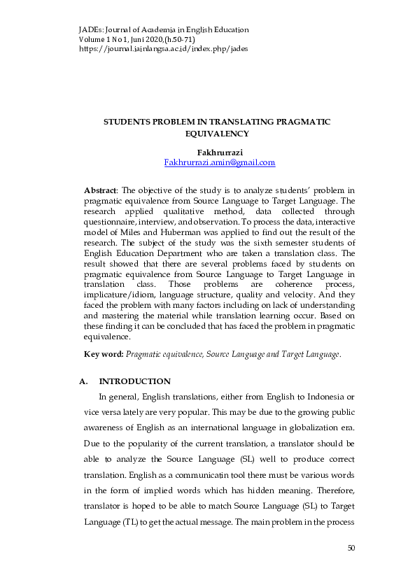 (PDF) Students Problem in Translating Pragmatic Equivalency