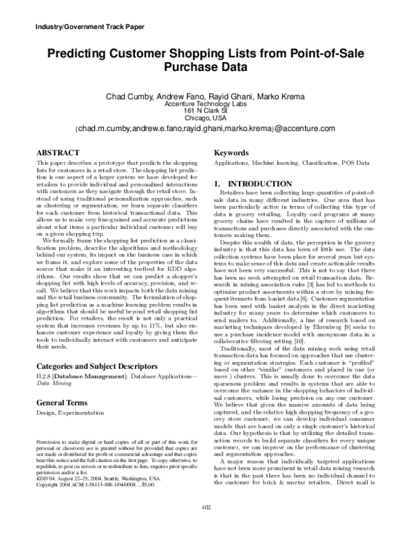 (PDF) Predicting customer shopping lists from point-of-sale purchase data