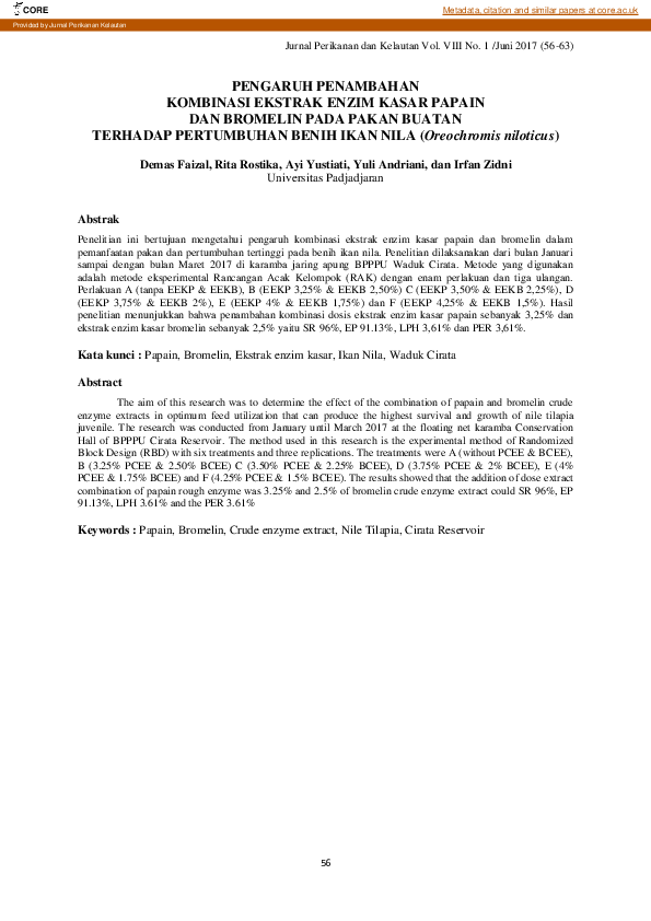 (PDF) PENGARUH PENAMBAHAN KOMBINASI EKSTRAK ENZIM KASAR PAPAIN DAN BROMELIN PADA PAKAN BUATAN ...