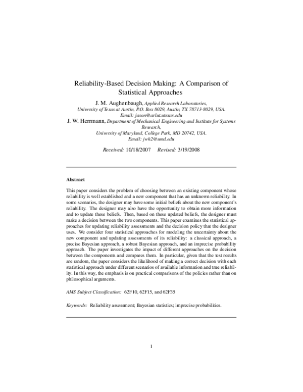 (PDF) Reliability-Based Decision Making: A Comparison of Statistical Approaches