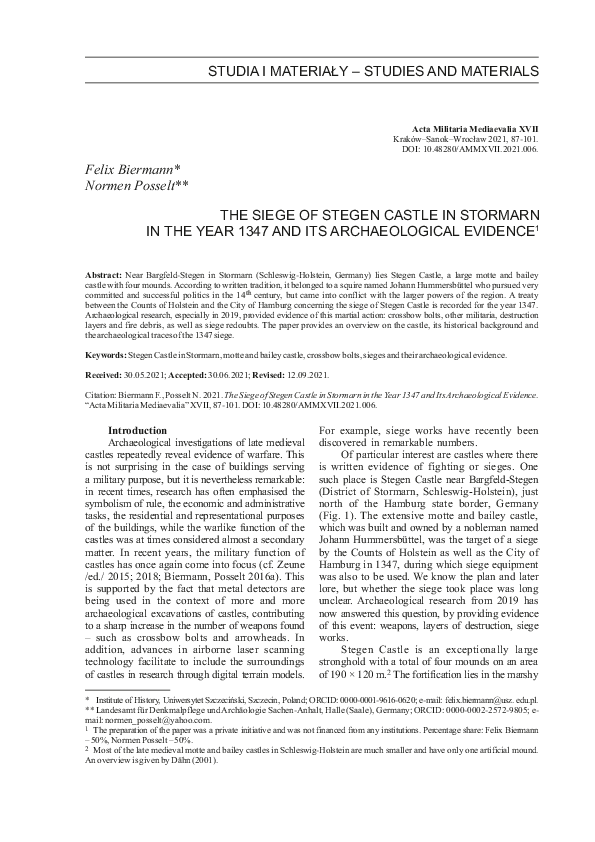 (PDF) F. Biermann, N. Posselt: The Siege of Stegen Castle in Stormarn ...