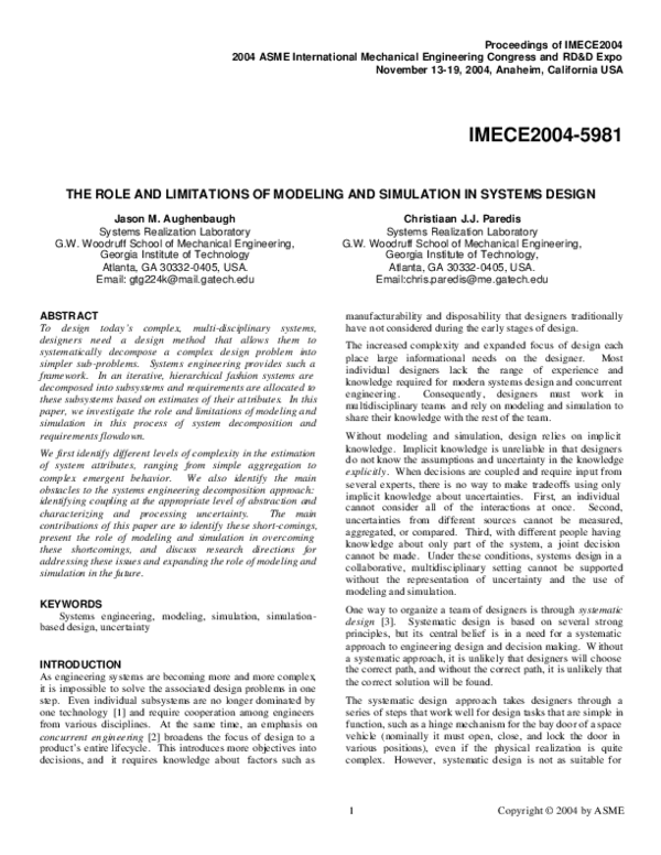 (PDF) The Role and Limitations of Modeling and Simulation in Systems Design