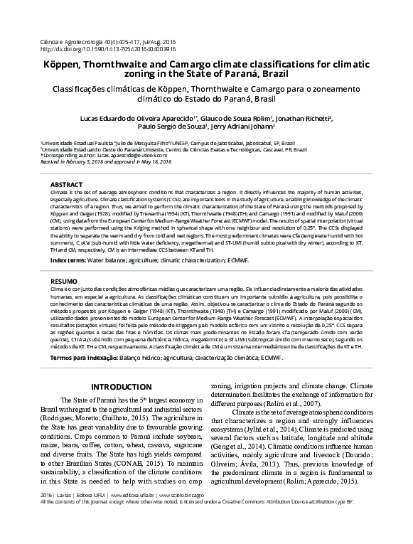(PDF) Köppen, Thornthwaite and Camargo climate classifications for climatic zoning in the State ...