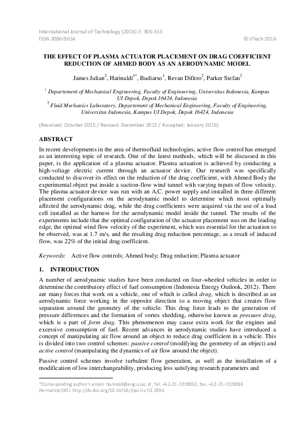 (PDF) The Effect of Plasma Actuator Placement on Drag Coefficient Reduction of Ahmed Body as an ...