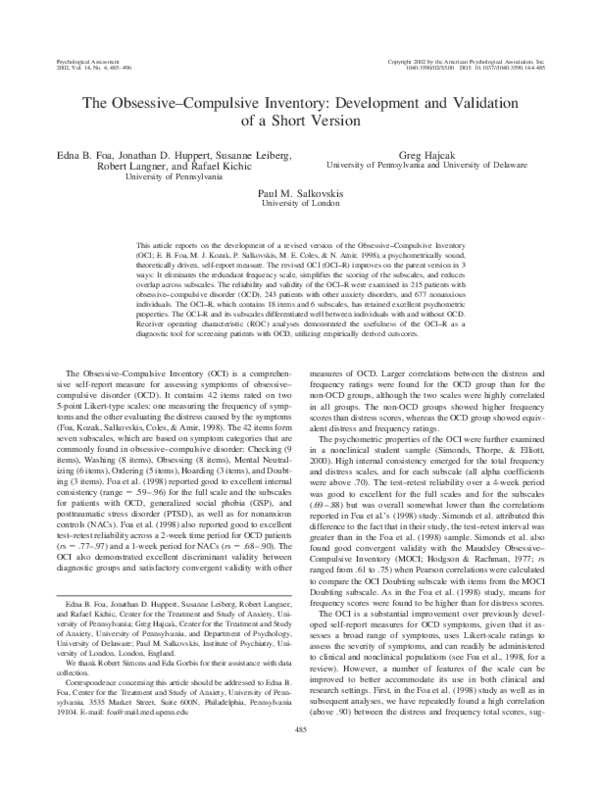 (PDF) The Obsessive-Compulsive Inventory: Development and validation of a short version
