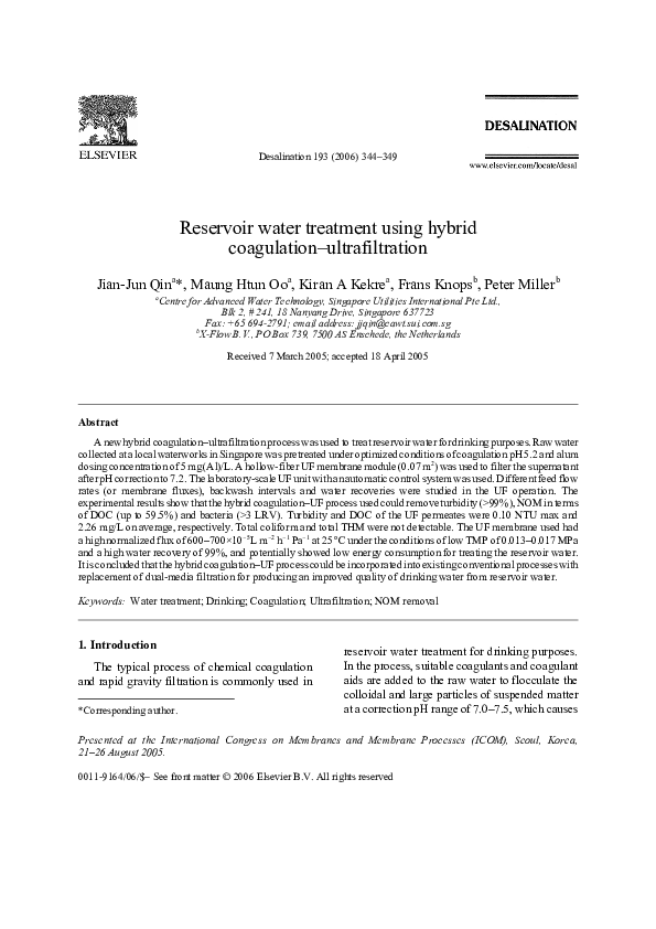 (PDF) Reservoir water treatment using hybrid coagulation–ultrafiltration