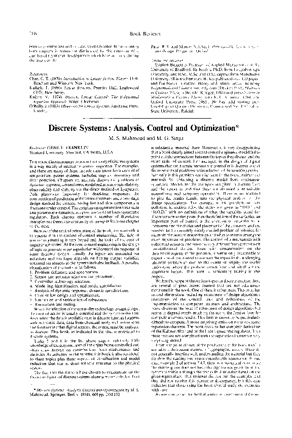 (PDF) Discrete systems: Analysis, control and optimization