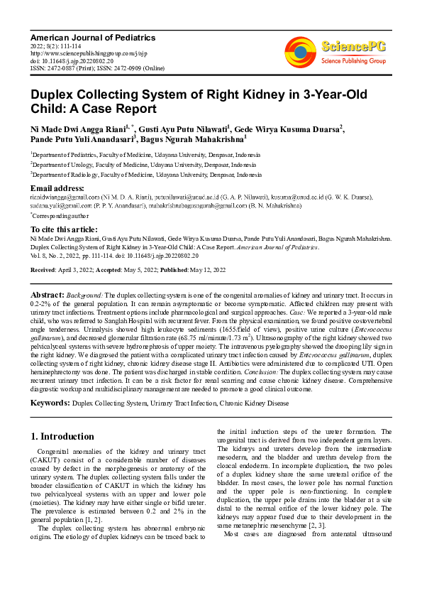 (PDF) Duplex Collecting System of Right Kidney in 3-Year-Old Child: A ...
