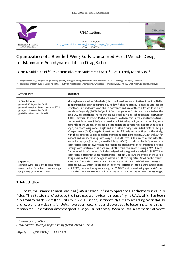 Pdf Optimization Of A Blended Wing Body Unmanned Aerial Vehicle Design For Maximum Aerodynamic