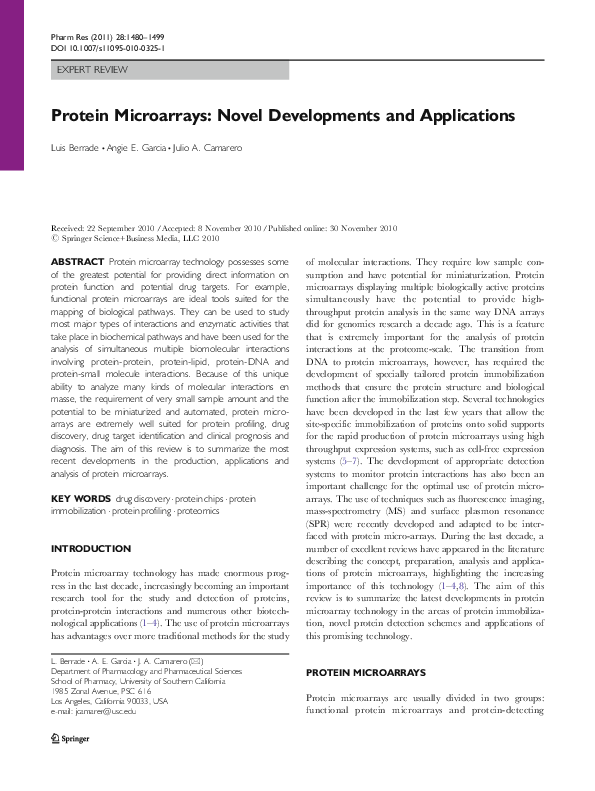 (PDF) Protein Microarrays: Novel Developments and Applications