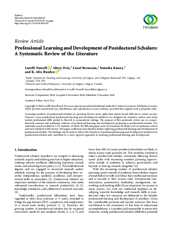 (PDF) Professional Learning and Development of Postdoctoral Scholars: A ...