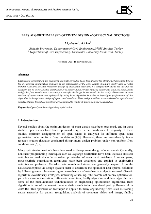 (PDF) BEES ALGORITHM BASED OPTIMUM DESIGN of OPEN CANAL SECTIONS