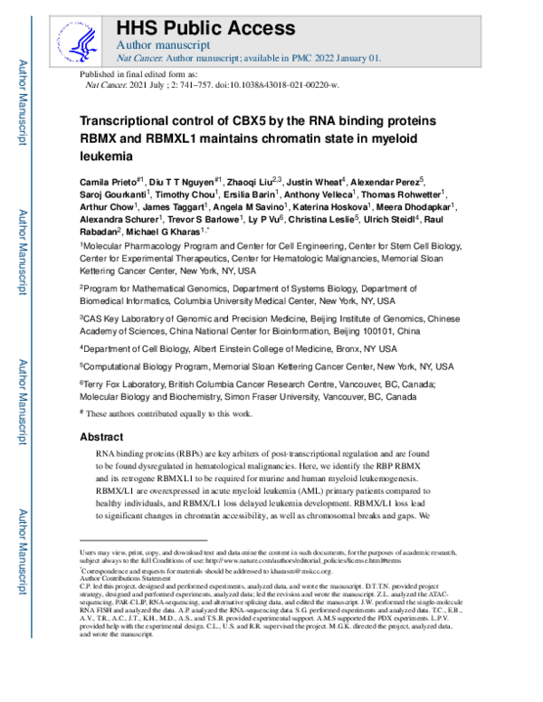(PDF) Transcriptional control of CBX5 by the RNA-binding proteins RBMX ...
