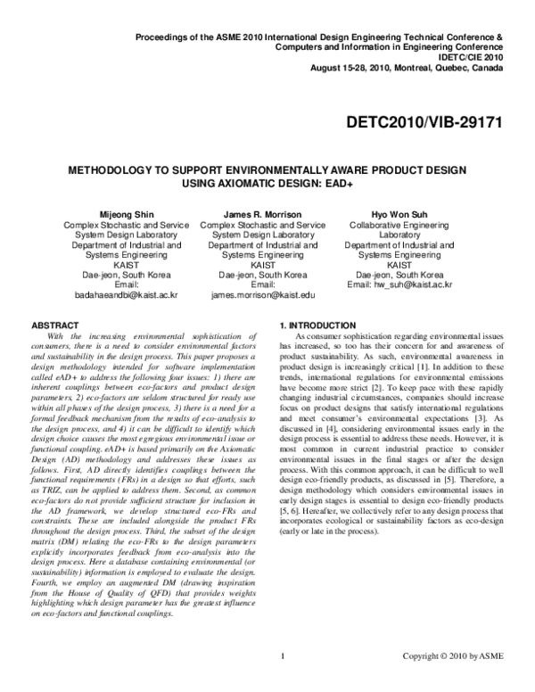 (PDF) Methodology to Support Environmentally Aware Product Design Using Axiomatic Design: eAD+