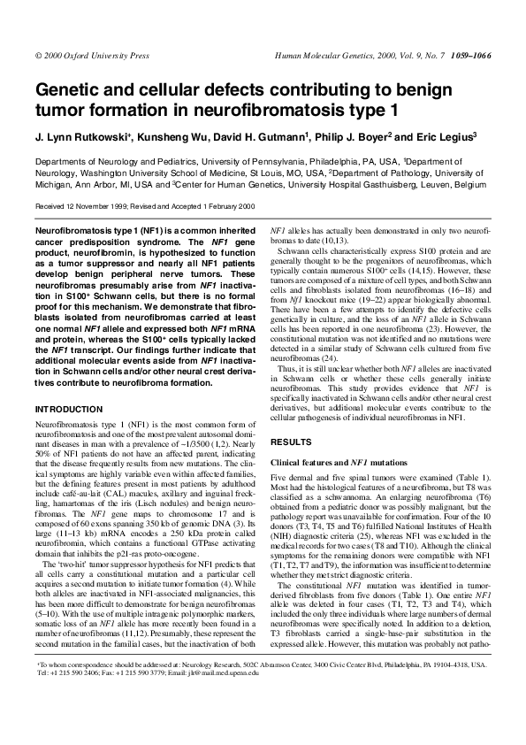 (PDF) Genetic and cellular defects contributing to benign tumor ...