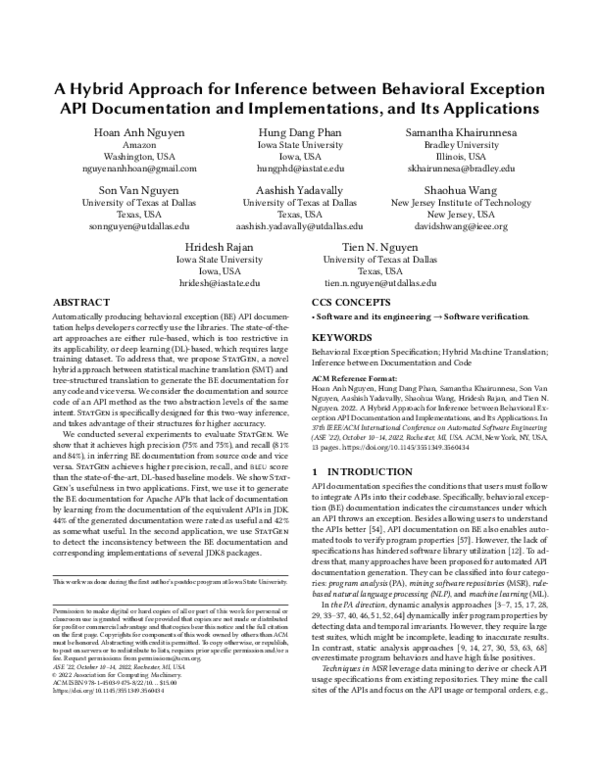 Pdf A Hybrid Approach For Inference Between Behavioral Exception Api Documentation And 