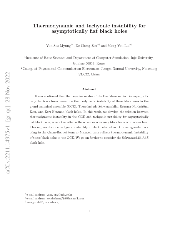 (PDF) Thermodynamic and tachyonic instability for asymptotically flat ...