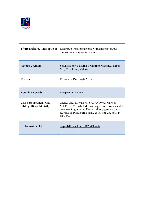 (PDF) Liderazgo transformacional y desempeño grupal: unidos por el ...