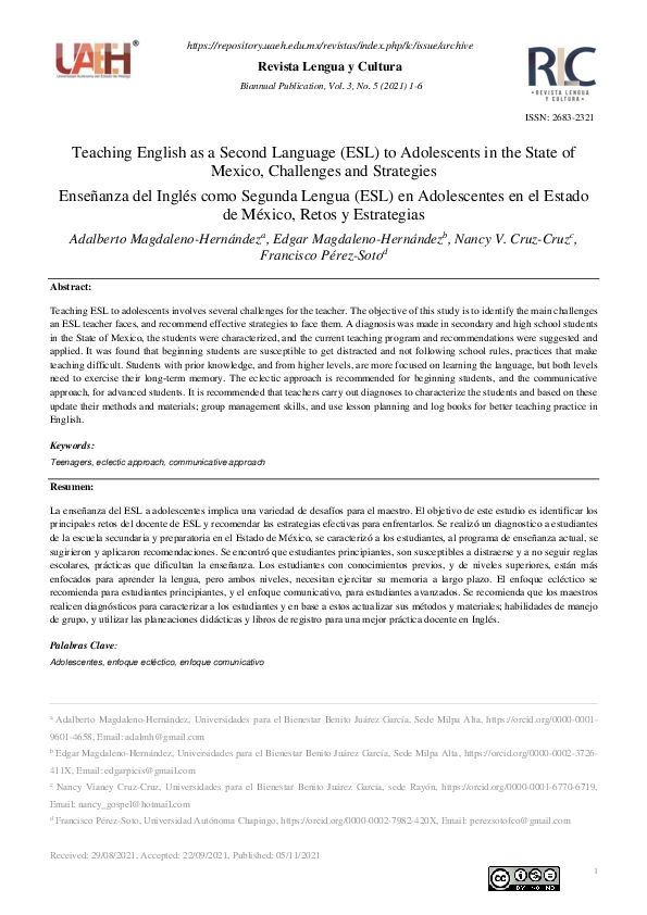 (PDF) Teaching English as a Second Language (ESL) to Adolescents in the State of Mexico ...