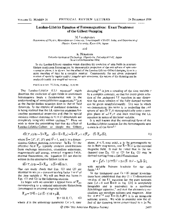 (PDF) Landau-Lifshitz Equation of Ferromagnetism: Exact Treatment of the Gilbert Damping