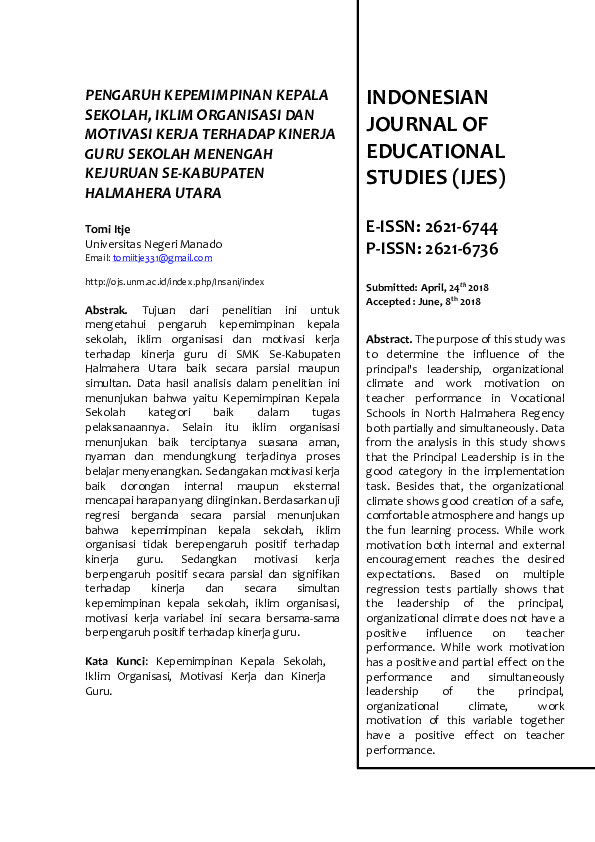 (PDF) Pengaruh Kepemimpinan Kepala Sekolah, Iklim Organisasi Dan Motivasi Kerja Terhadap Kinerja ...