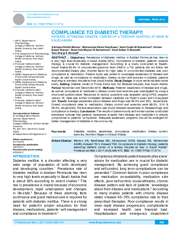 (PDF) Compliance to Diabetic Therapy; Patients Attending Diabetic ...