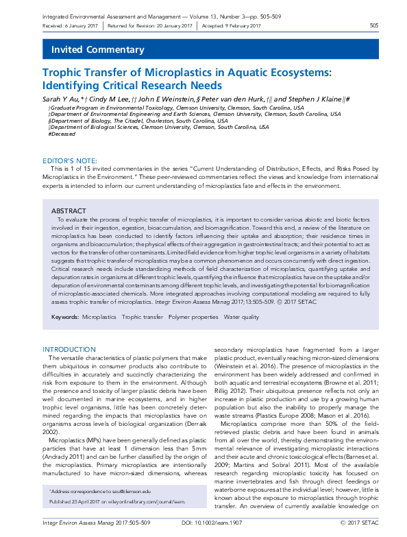 (PDF) Trophic transfer of microplastics in aquatic ecosystems: Identifying critical research needs