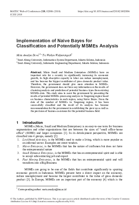 (PDF) Implementation of Naive Bayes for Classification and Potentially MSMEs Analysis
