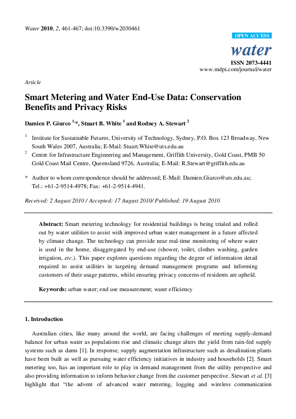 (PDF) Smart Metering and Water End-Use Data: Conservation Benefits and Privacy Risks