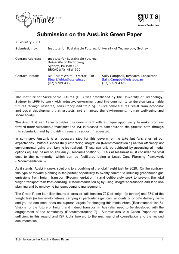 (PDF) Submission on the AusLink Green Paper | Stuart White - Academia.edu