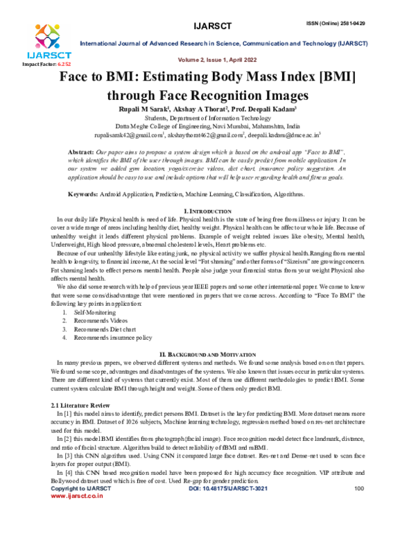 (PDF) Face to BMI: Estimating Body Mass Index [BMI] through Face ...